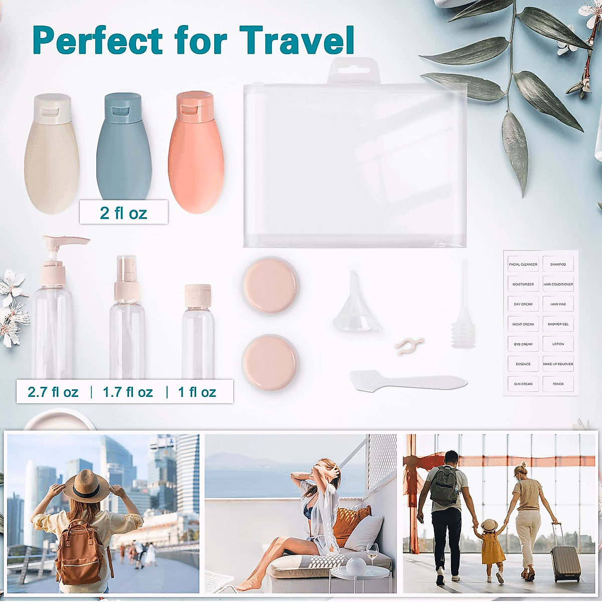 ZGDZ Reusable Travel Size Toiletry Bottles Leakproof Travel Skincare Containers Kit TSA Approved Carry on Airplane Essentials Accessories Shampoo Conditioner Sub-Bottling Set Refillable Quart Bag