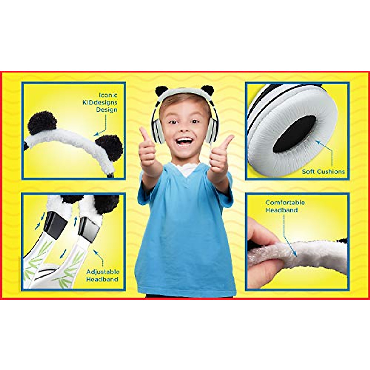Panda Kids Headphones, Adjustable Headband, Stereo Sound, 3.5Mm Jack, Wired Headphones for Kids, Tangle-Free, Volume Control, Foldable, Childrens Headphones Over Ear for School Home, Travel
