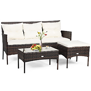 RELAX4LIFE 3 Pieces Patio Furniture Sectional Set, Rattan Wicker Conversation W/ 5 Cozy Seat & Back Cushions, Tempered Glass Coffee Table for Poolside, Balcony Outdoor Furniture (Beige+Brown)