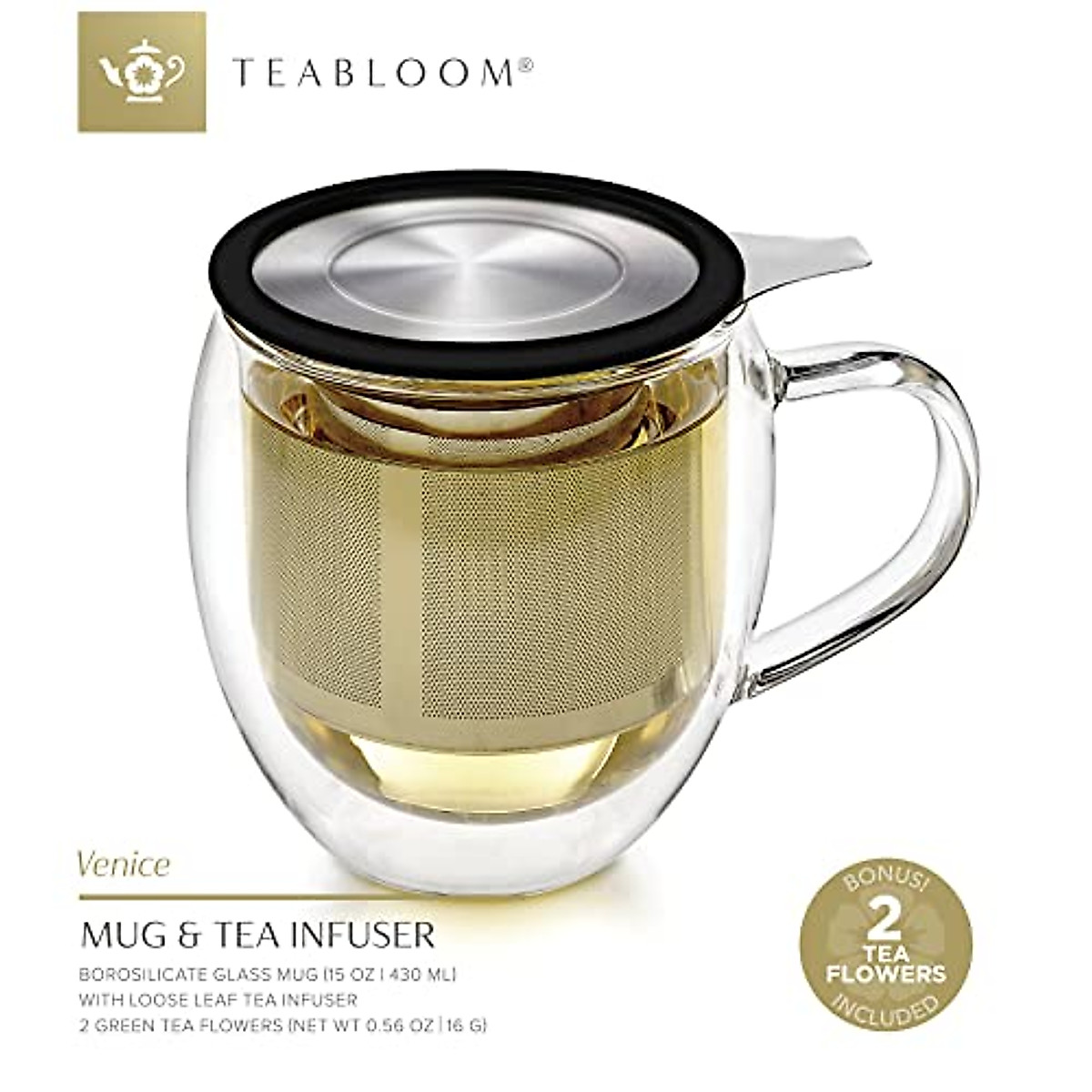 Teabloom Double-Wall Borosilicate Glass Mug with Stainless Steel Infuser and Lid – 15 OZ / 430 ML – 2 Gourmet Tea Flowers Included