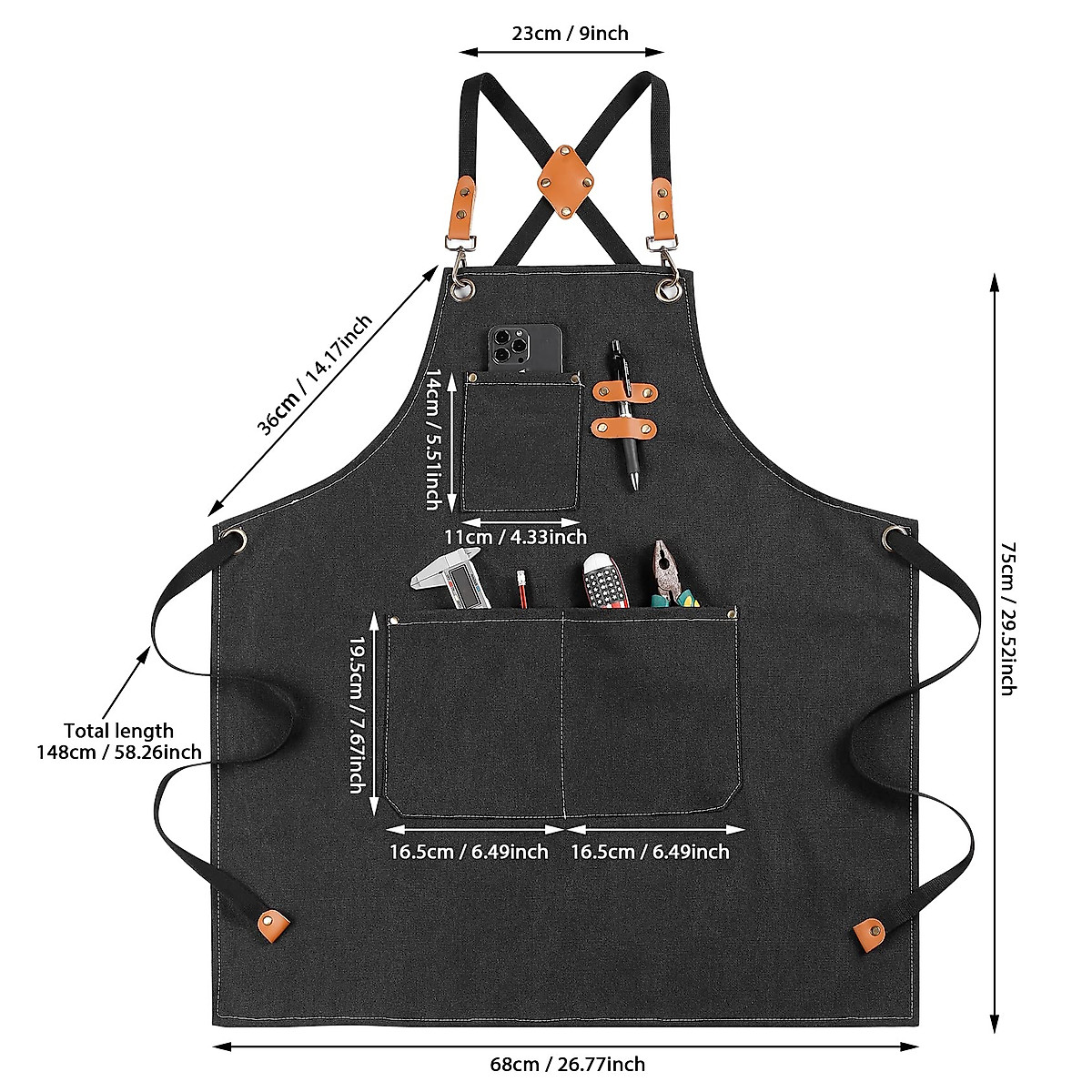 Chef Grill or Work Aprons for Women and Men with Large Pockets, Cross Back Waterproof Chef Apron, Adjustable Painting, Barbecue, Kitchen Cooking, Baking Apron, Work Shop Accessories M-XXL(BLACK)