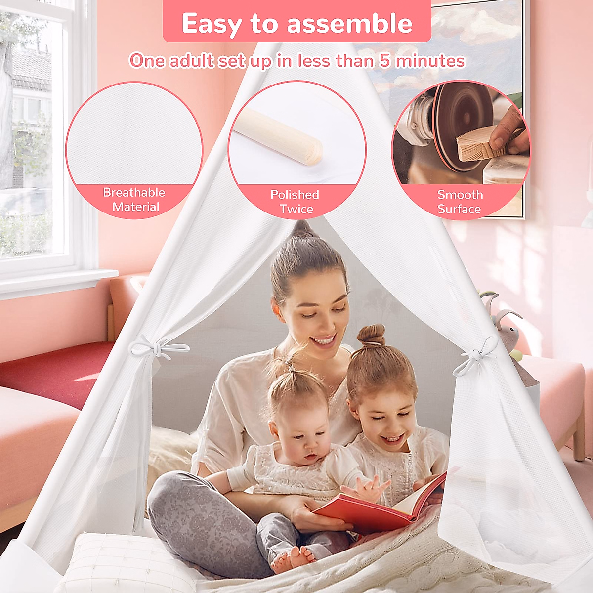 Large Kids Teepee Tent for 2 3 4 5 6 Year Old Girls, Kids Foldable Play Tent with Padded Mat & Light String, Ideal Gifts Toys Tent, White Canvas Teepee Indoor Outdoor Games, Kids Playhouse for Boys
