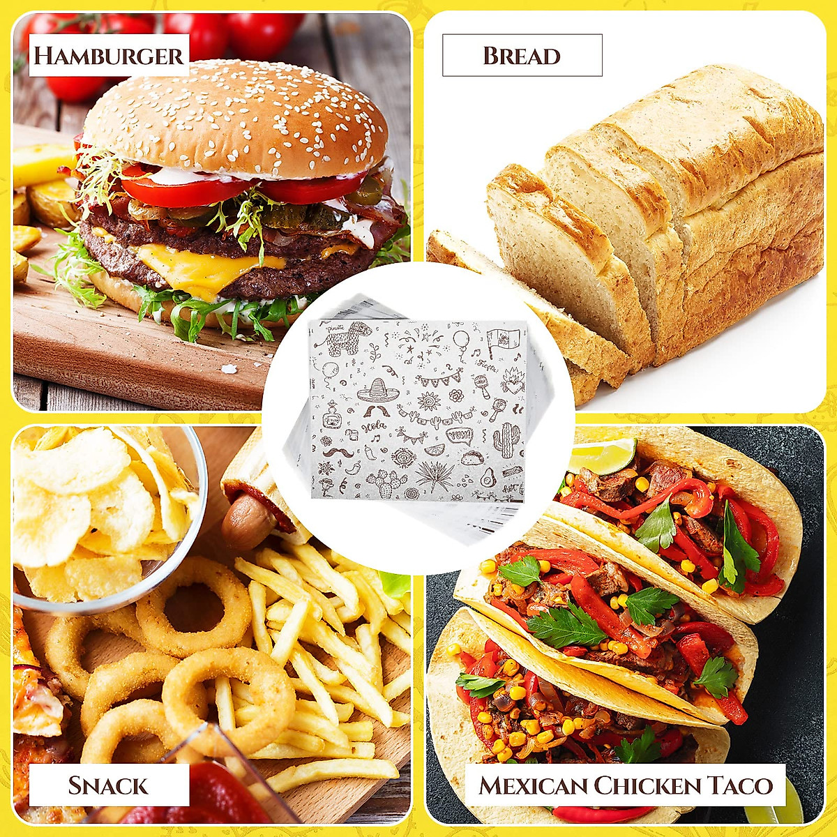150 Pcs Deli Wax Paper Taco Wrapping Paper Mexican Festival Wax Paper Sheets for Food Greaseproof Paper Sandwich Picnic Food Basket Liners Wax Wrappers Bakery Tissue Sheets for Kitchen (Fiesta)