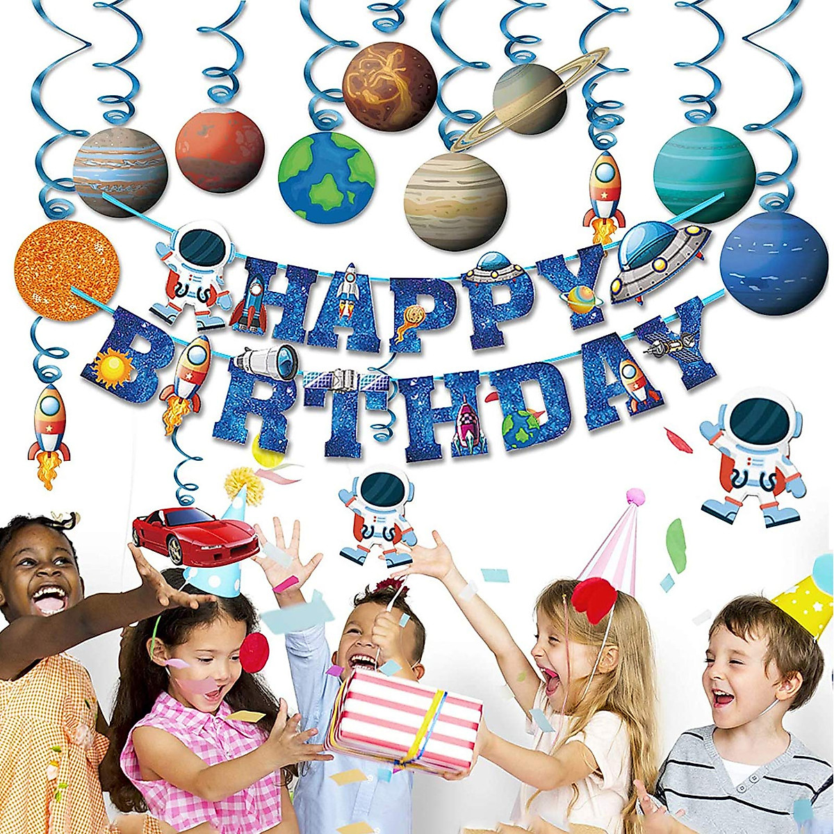Kids Space Birthday Party Decorations - Blue Astronaut Spaceship Theme Happy Birthday Banner Hanging Solar System Spiral Planet Card Children's Gifts Cake Insert Supplies Set