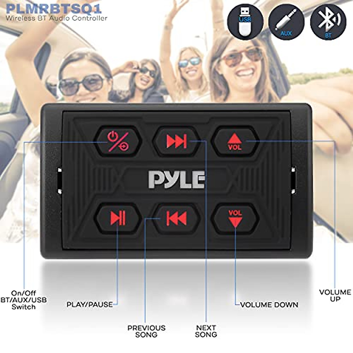 Pyle Car Wireless Bluetooth Audio Controller - Bluetooth Media Button IPX6 Waterproof Rated Marine Receiver Remote Control w/USB, AUX - for Car Truck Boat Marine PowerSport Vehicles - Pyle PLMRBTSQ1
