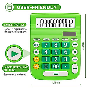 Calculators Desktop, Large Display Big Button, Solar and Battery Dual Power, 12 Digit Small Basic Standard Functional Calculator Cute for Office, Home, School (Green)