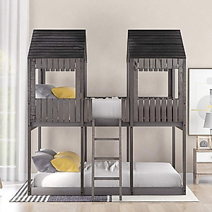 HABUHOME Full Over Full House Bunk Bed with Roof, Wood House Bunk Bed with Window, Guardrail, Ladder for Kids, Teens, Girls, Boys,Gray