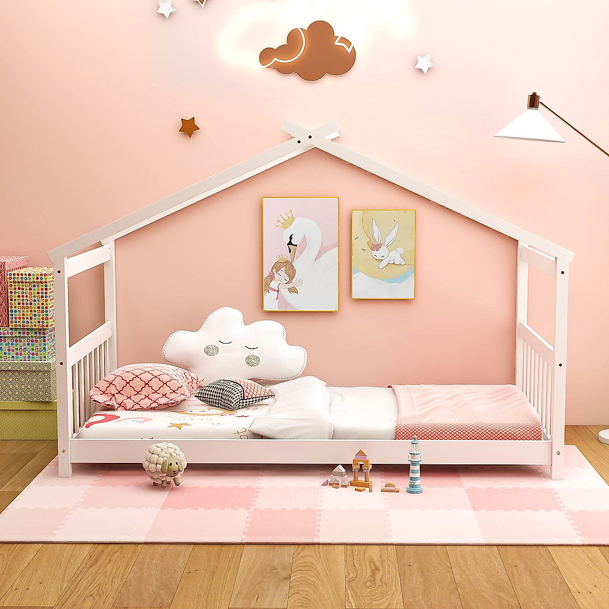 Giantex House Bed Twin, Solid Wood Kids House Bed with Roof, Headboard and Footboard, Low Floor Twin Bed Frame for Toddlers Teens Girls Boys, No Box Spring Needed, White