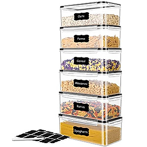 ME.FAN 6 Set 3.2L Food Storage Containers, Spaghetti Containers Airtight Horizontal Storage/Pasta Containers Kitchen Pantry Organization Canisters with 24 labels & Pen - Black