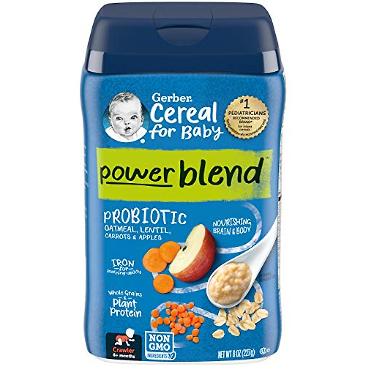 Gerber Cereal for Baby Power Blend Baby Cereal, Probiotic with Oatmeal, Lentil, Carrots & Apples, Made with Whole Grains & Plant Protein, 8 OZ Canister (Pack of 3)