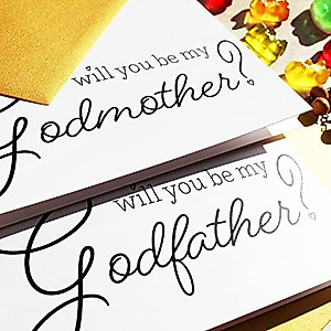 Will you be my Godparents (Godmother and Godfather) - God Parents Proposal Cards in Black-and-White Lettering, with Golden Shimmer Envelopes (Set of 2 cards) (Godmother & Godfather)