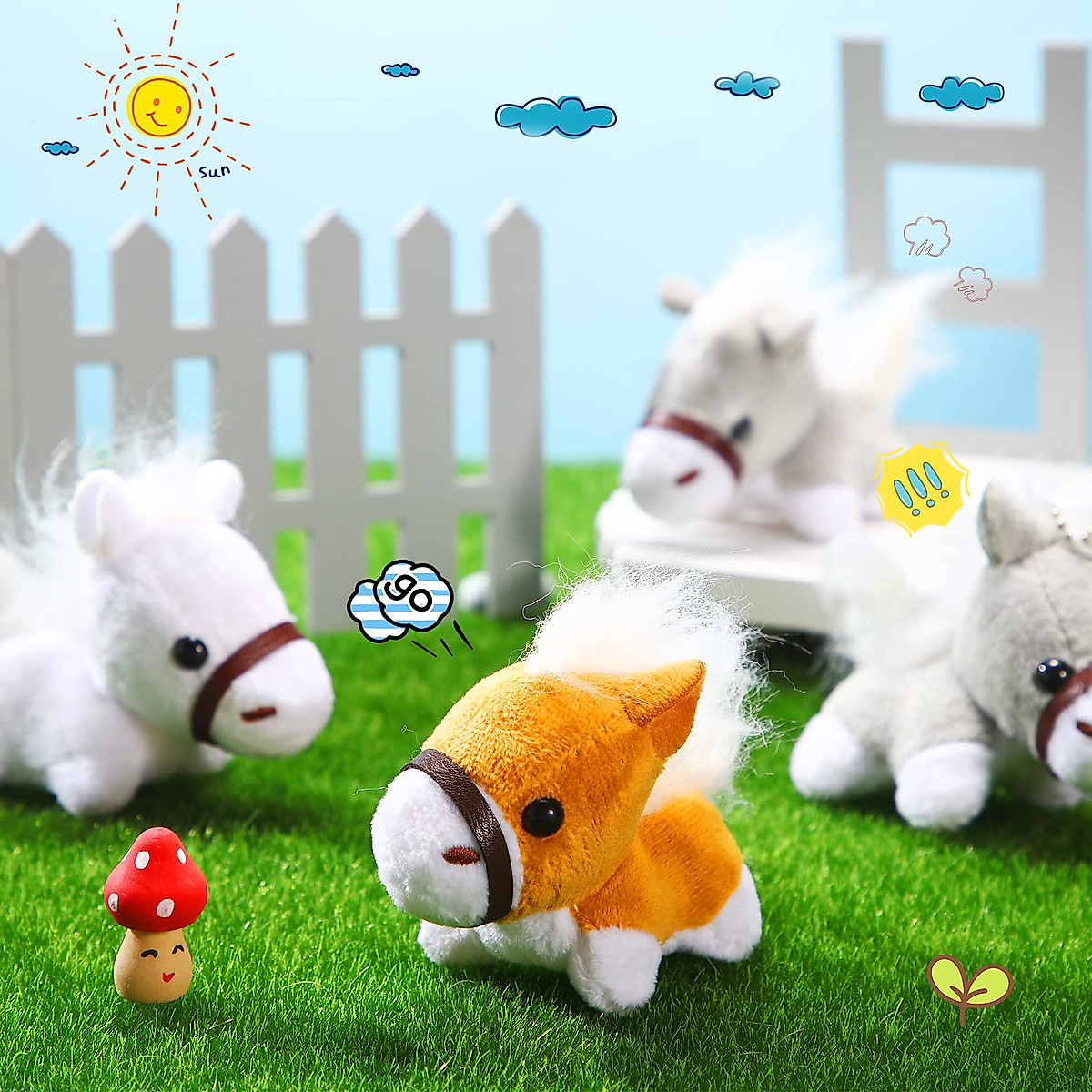 Zomiboo Stuffed Horse, 12 Pcs Assorted Toy Plushies, 3.2 Inch Mini Plush Animals Keychain Party Favors with Detachable Chain for Farm Party Supplies Christmas