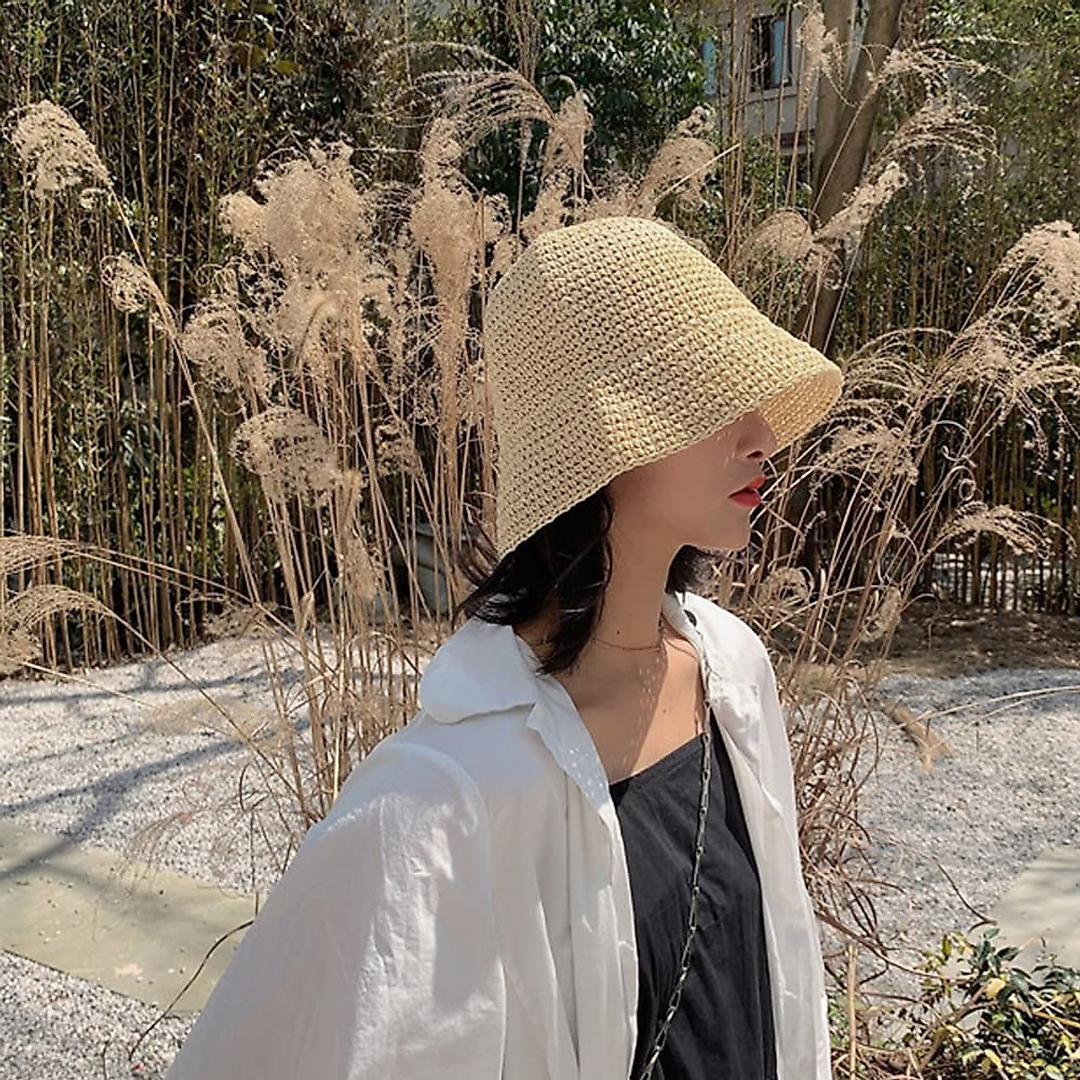 Women's Straw Sun Hat Hand-Woven Packable Beach Bucket Hat Summer Floppy UV Protection Hat(Beige)
