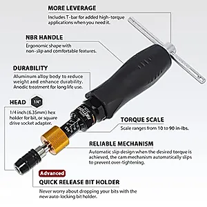 FIRSTINFO H5188 Precision Certified Limited Torque Screwdriver with 1/4 Inch Universal Hex Bit Holder Quick Release Design, 10-90 in-lbs with Extra T-Handle