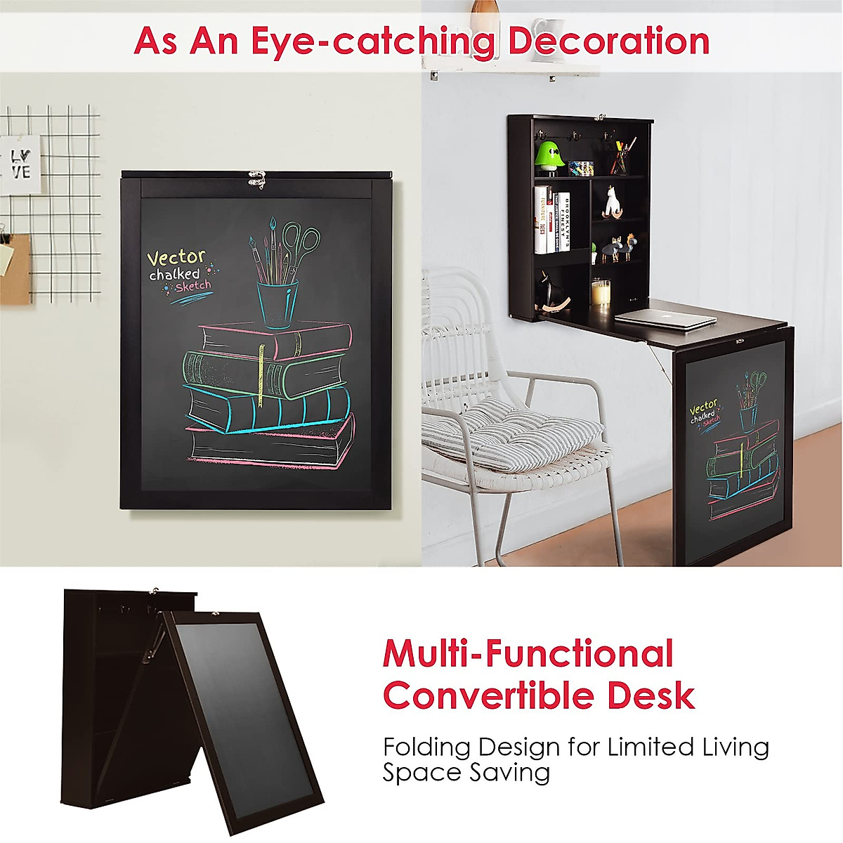 IFANNY Folding Wall Desk, Wall Mounted Fold Out Desk with Storage Shelves & Hooks, Hideaway Desk Wall Mount with Chalkboard, Floating Corner Desk for Small Spaces (Brown)