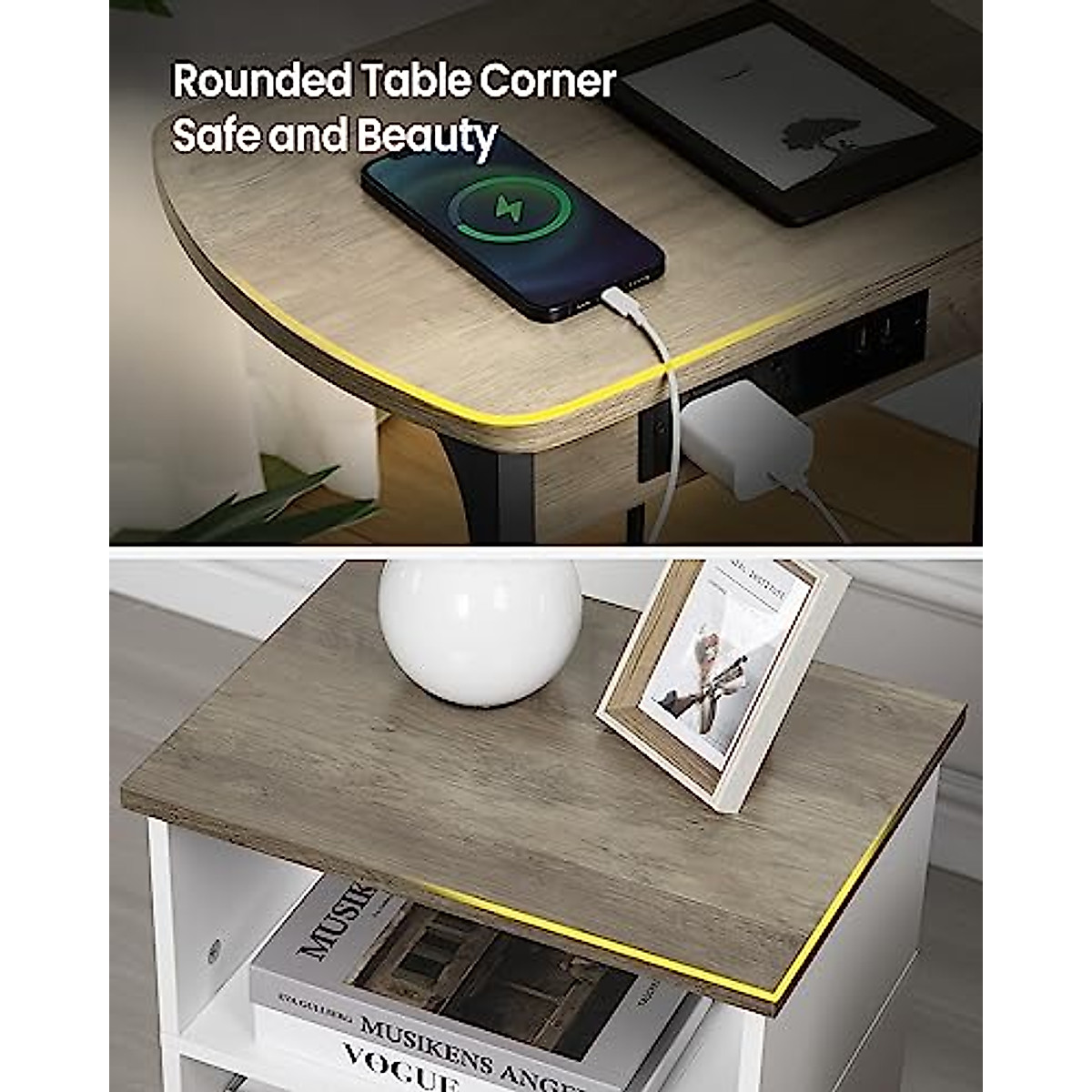Hzuaneri C Shaped End Table with Charging Station, Bed Side Table with USB Port & Outlet, Couch Table, C Snack Table for Living Room, Bedroom, Greige and Black ET05105B