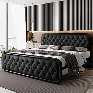 Feonase King Bed Frame with Rhombus Button Tufted, Oval-Shaped Metal Platform Bed with Faux Leather Headboard, Strong Slats Support, 12" Under-Bed Storage, Noise-Free, Easy Assembly, Black