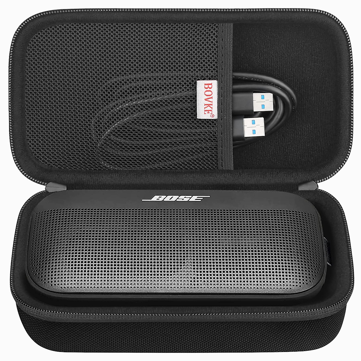 BOVKE Hard Travel Speaker Case for Bose New SoundLink Flex Speaker (2nd Gen) / Bose SoundLink Flex Bluetooth Portable Speaker, Extra Mesh Pocket for Bose Speaker Charger, Charging Cables, Black