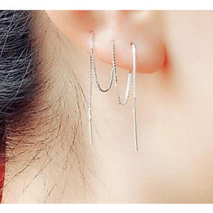 A Pair 925 Sterling Silver Tassel Threader Drop Earrings Long Chain Ear Line (silvery)