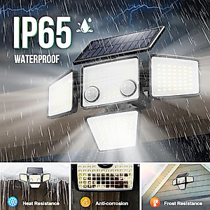 Solar Outdoor Lights - 3000LM 188 LED Motion Sensor Outdoor Lights, 4 Heads IP65 Waterproof Powered Security Flood Lights, 270°Wide Lighting Angle Wall Light with Dual Sensors for Backyard Yard Patio
