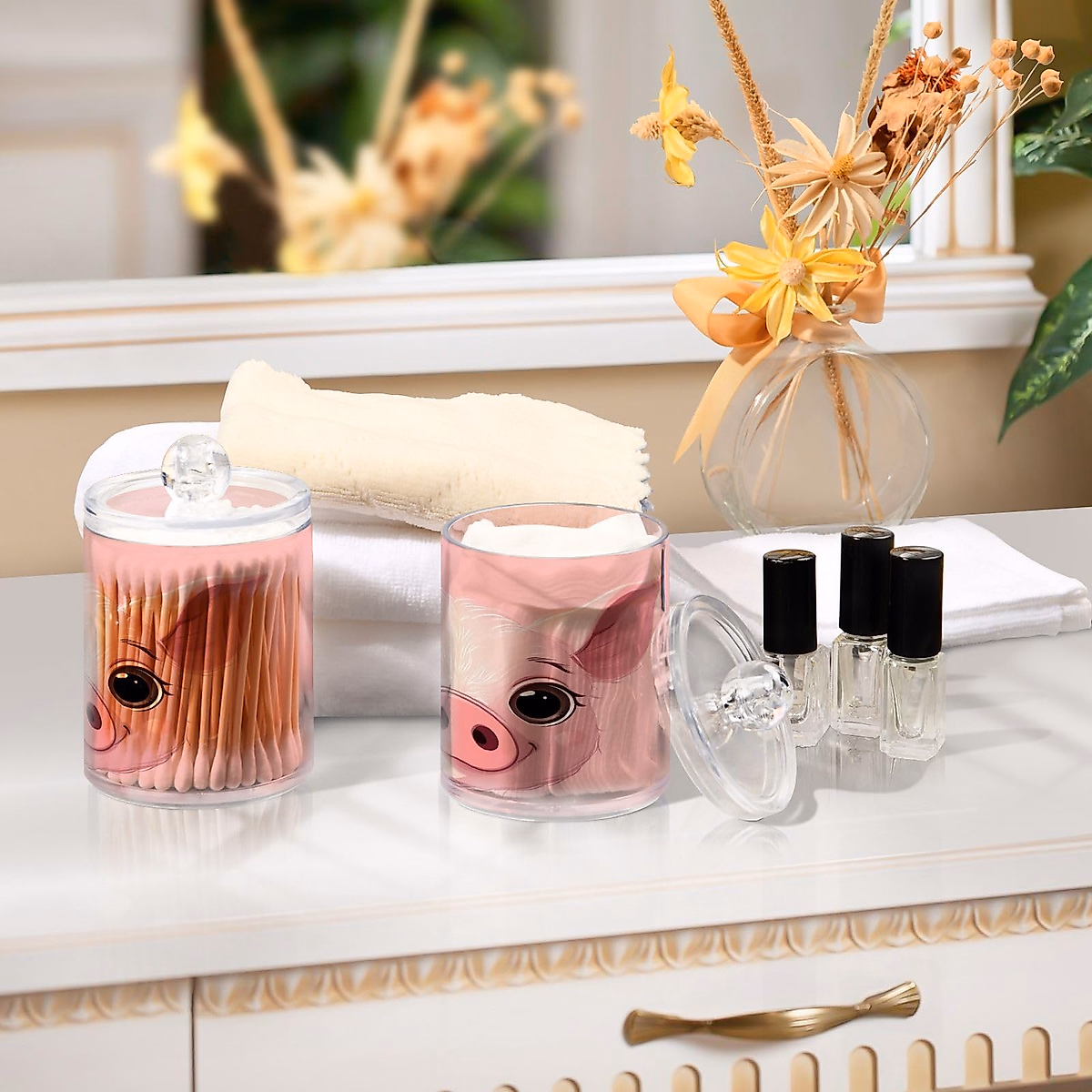 SDMKA 2 Pack Apothecary Jars Bathroom Cute Pig Face Qtip Holder Dispenser Clear Plastic Storage Canister Jar with Lid for Cotton Ball, Cotton Swab