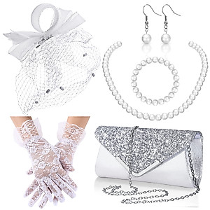 Estune 6 Pcs Tea Party Hat and Gloves Set for Women White Fascinator Hats Lace Gloves Pearl Jewelry Set Silver Clutch Purses for Evening Wedding Cocktail 1920s Costume Accessories Christmas Jewelry