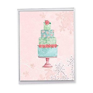NobleWorks - 1 Beautiful Wedding Congratulations Notecard w/Envelope (Big 8.5 x 11 Inch) - Floral Layered, Newlywed Marriage Gift from All of Us for Bride, Groom - Watercolor Cake J2984FWDG-US