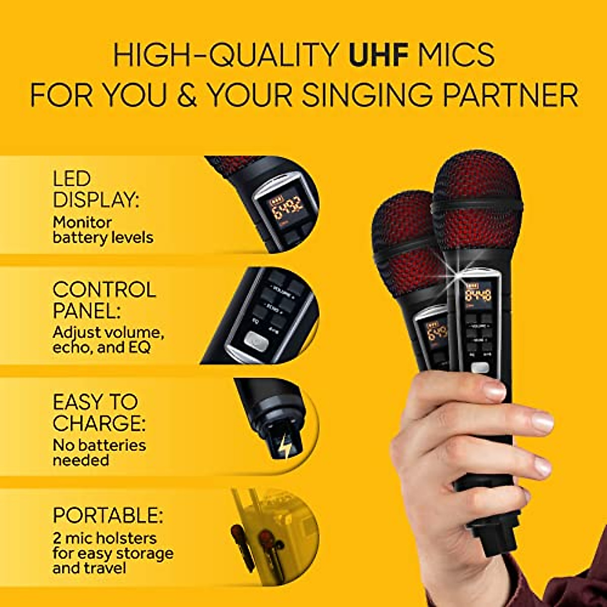 MASINGO Karaoke Machine for Adults & Kids with 2 Wireless Microphones - Portable Singing PA Speaker System w/Two Bluetooth Mics, Party Lights, Lyrics Display Holder & TV Cable - Soprano X1 Black