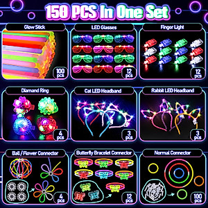 150PCS Glow in the Dark Party Supplies for Kids Adults, Light Up Party Favors with Light Up Glasses, Headband, Rings, 100 Glow Sticks Bulk Party Pack DIY Glow Necklaces Bracelets, Neon Party Supplies