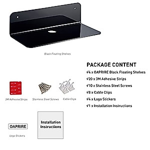 OAPRIRE Small Acrylic Floating Wall Shelves Set of 4, Flexible Use of Wall Space, 9 Inch Adhesive Display Shelf for Security Cameras/Smart Speaker/Action Figures with Cable Clips (4, Black)