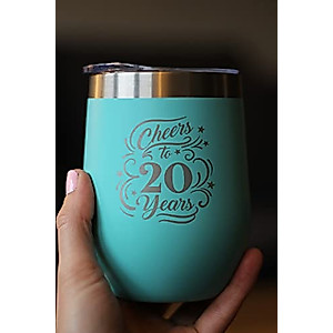 Cheers to 20 Years - Wine Tumbler Glass with Sliding Lid - Stainless Steel Insulated Mug - 20th Anniversary Gifts and Party Decor - Teal