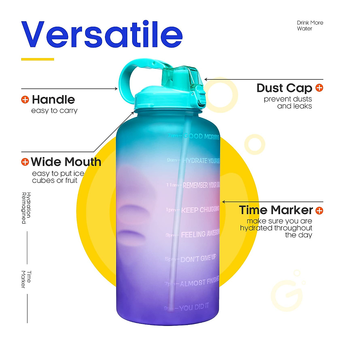 Giotto Large 1 Gallon/128oz (When Full) Motivational Water Bottle with Time Marker & Straw, Leakproof Tritan BPA Free for Fitness, Gym and Outdoor Sports-Purple/Pink/Green Gradient