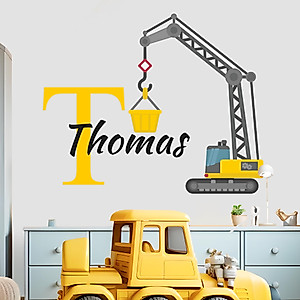 Custom Toddler Construction Crane Wall Decal I Personalized Name & Initial I Nursery Wall Decal for Toddler Room Decorations I Wall Sticker for Bedroom Wide 42"x35" Height (Shown) (Large)