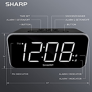 Sharp Alarm Clock Jumbo Easy to Read Display – 3 Step Dimmer Control – Dual Alarms, Battery Back-up, Black with White LED