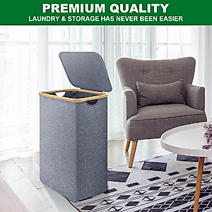 ZHSX Laundry Hamper/Basket with Lid, 100L Large Laundry Hamper/Basket/Bin with Bamboo Handle, Foldable Clothes Basket Organizer with Two Removable Inner Bags, Odor-Resistant and Waterproof(Grey)