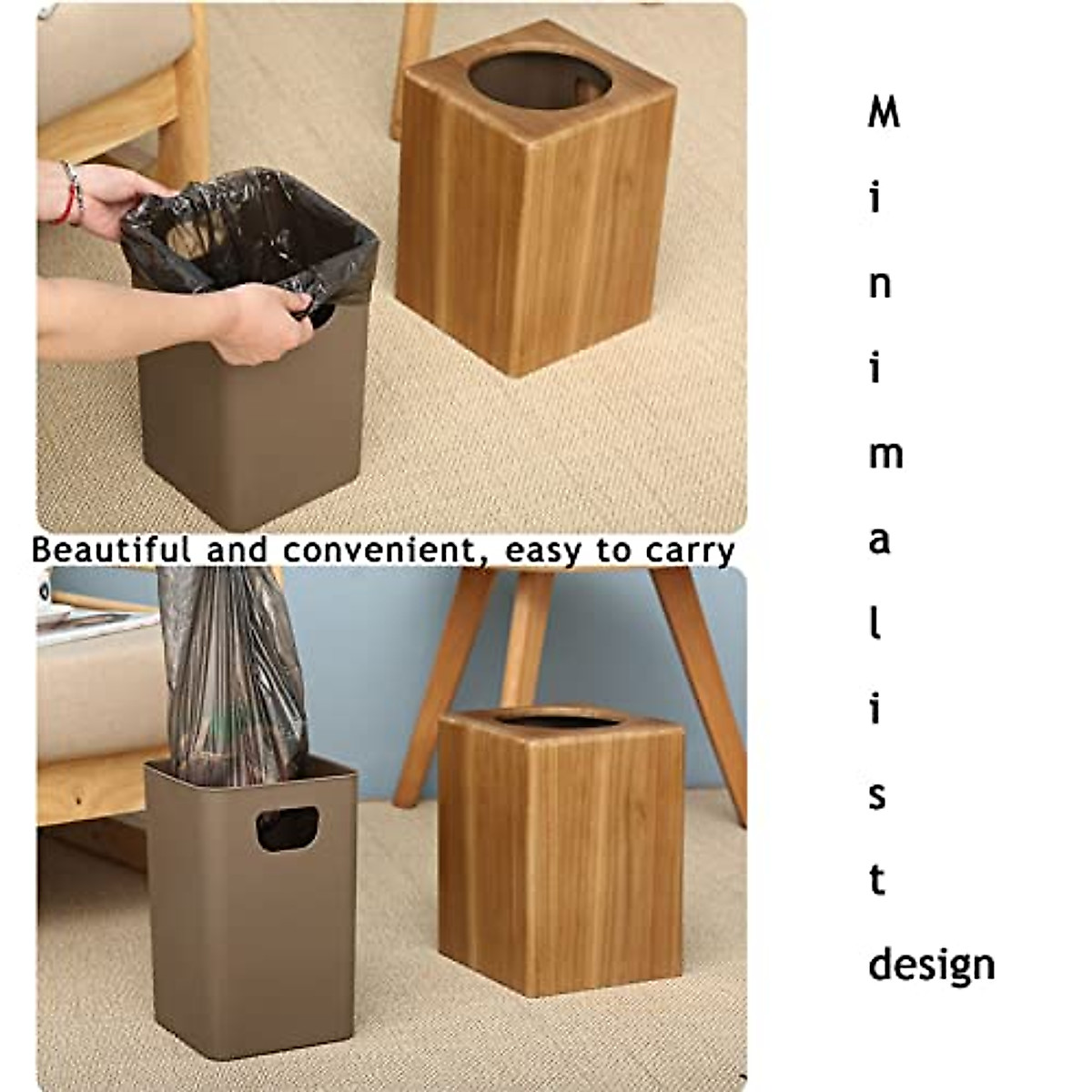 DRSFF Trash Can with Plastic Inner Cylinder Wooden Kitchen Rubbish Container Square Teak Living Room Garbage Bin Office Waste Basket Bedroom Bathroom Storage Bucket