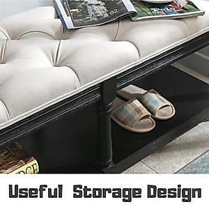 CIMOO Ottoman Storage Bench Upholstered Bedroom Bench for End of Bed Wooden Entryway Bench Tufted Padded Bench Seat for Farmhouse, Indoor Window, Black White