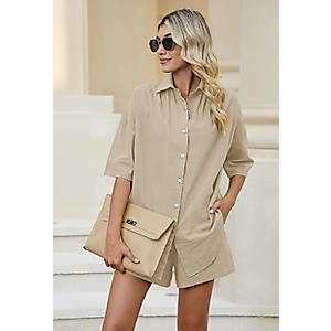 Meenew Women's 2 Piece Outfits Short Sleeve Shirt and Shorts Set Button Down Lounge Set Sweatsuits Pajama Set L Light Khaki