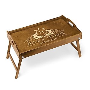 Maverton Bed Tray with Engraving for Couple - Wooden Serving Tray for Wedding - Engraved Lap Desk for Parents - Personalized Brown Serving Tray for Newlyweds - Notebook Stand - Classic