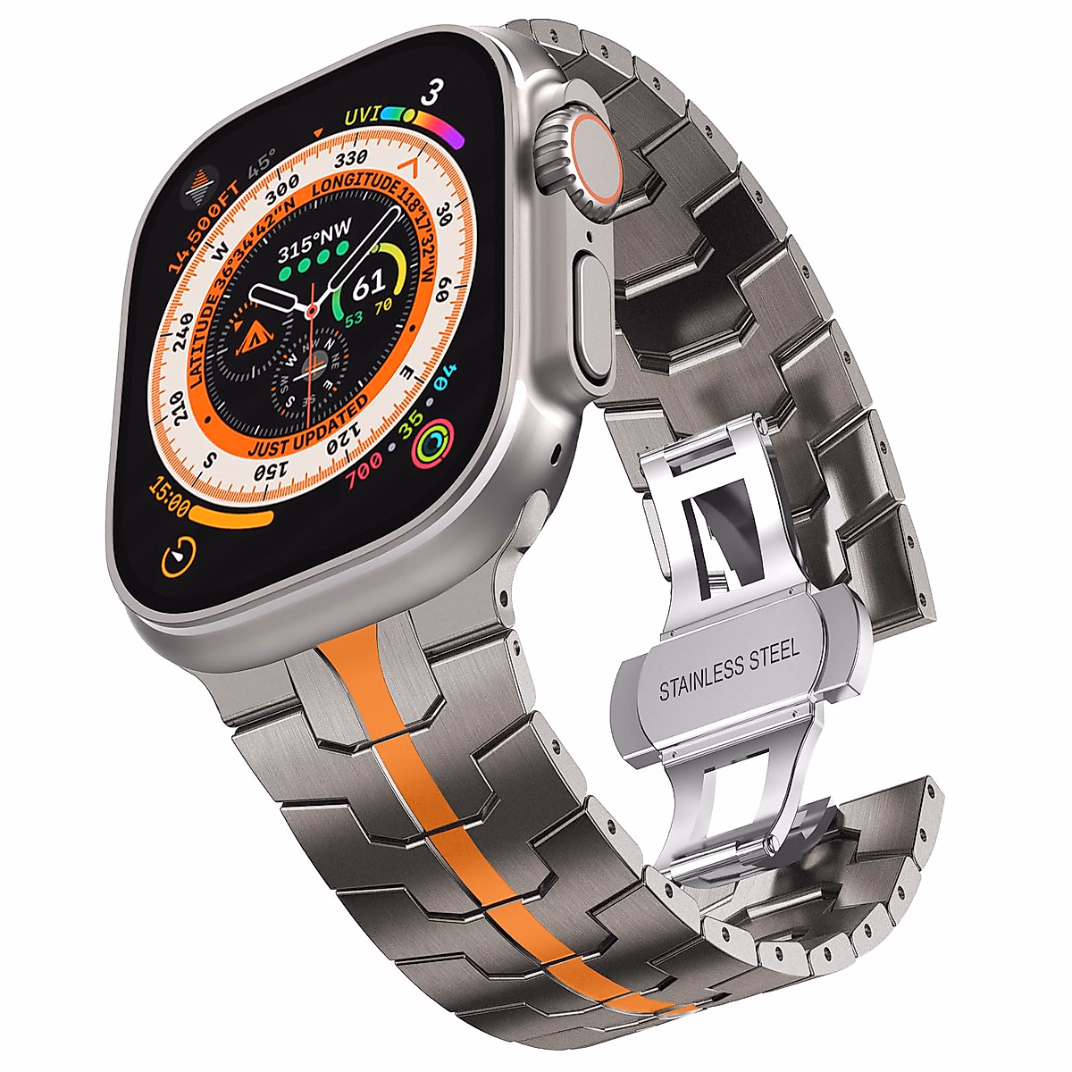 CHANCHY Stainless Steel Band for Apple Watch Ultra 2 Band 49mm 46mm 45mm 44mm, Metal Strap with Folding Clasp for Apple Watch Series 10 9 8 7 6 5 4 3 2 1 Ultra Ultra 2 for Men (49mm, Titanium/Orange)