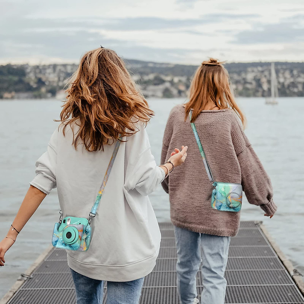 Fintie Protective Case for Fujifilm Instax Mini 7+ Instant Camera - Premium Vegan Leather Bag Cover with Removable Adjustable Strap, Emerald Marble