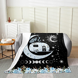 Bohemian Moon Sun Flannel Blanket Queen 90"x90",Camper Blue Florals Wild Mushroom Bed Sofa Couch Blankets for Kids Adults,Black Galaxy Starry Sky Breathable Flannel Plush Blanket Room Decor