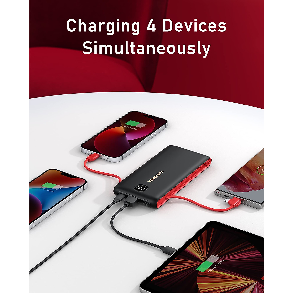 VEEKTOMX Portable Charger with Built in Cables 22.5W 10000mAh, Power Bank for iPhone with AC Wall Plug, Fast Charging USB C Slim Battery Pack with LED Display Compatible with iPhone15/14/13, Samsung