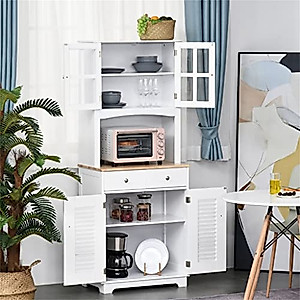 SEASD White Sideboard Kitchen Auxiliary Cabinet Cupboard with 2 Door Cabinets 2 Drawers and Shelf for Microwave