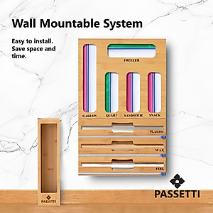 PASSETTI Bamboo Drawer Organizer for Storage Bag, Foil and plastic Wrap Organizer with Sharp Cutter, Storage Compatible with Gallon, Quart, Sandwich, Snack Bags and 12" Aluminum Foil & Wax Paper