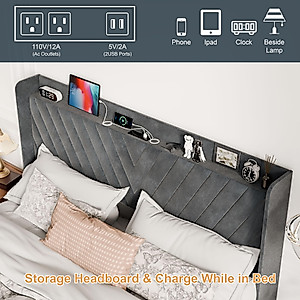 SUNLEI Bed Frame with Wingback Storage Headboard, Full Size Bed Frame with Charging Station and Velvet Fabric, Strong Wood Slats, Easy Assembly, No Box Spring Needed, Light Grey…