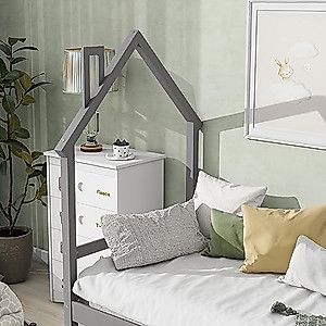 Twin Platform Bed with Trundle, Wooden House-Shaped Headboard Bed with Guardrails, Daybed Frame with Sturdy Slat Support for Kids Boys Girls Bedroom (Grey 06)