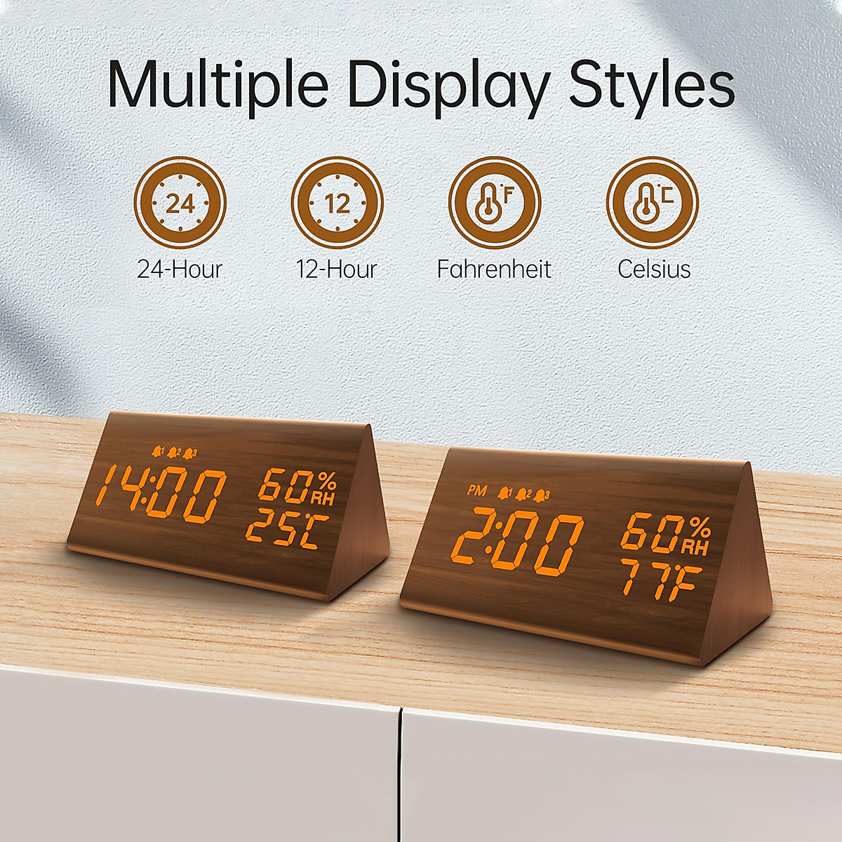 JALL Digital Alarm Clock, with Wooden Electronic LED Time Display, 3 Alarm Settings, Humidity & Temperature Detect, Wood Made Electric Clocks for Bedroom, Bedside (Brown)