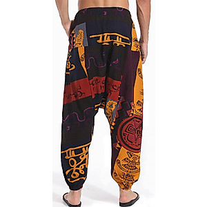 perdontoo Men Women's Harem Pants Drawstring Elastic Waist Aladdin Boho Hippie Drop Crotch Trousers (38, Style 1)