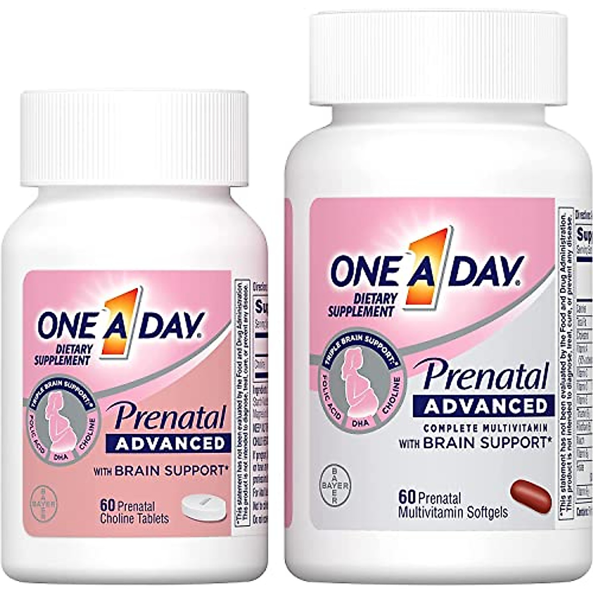 ONE A DAY Women’s Prenatal Advanced Complete Multivitamin with Brain Support* with Choline, Folic Acid, Omega-3 DHA & Iron for Pre, During & Post Pregnancy, 60+60 Ct (120 Total) (Packaging May Vary)
